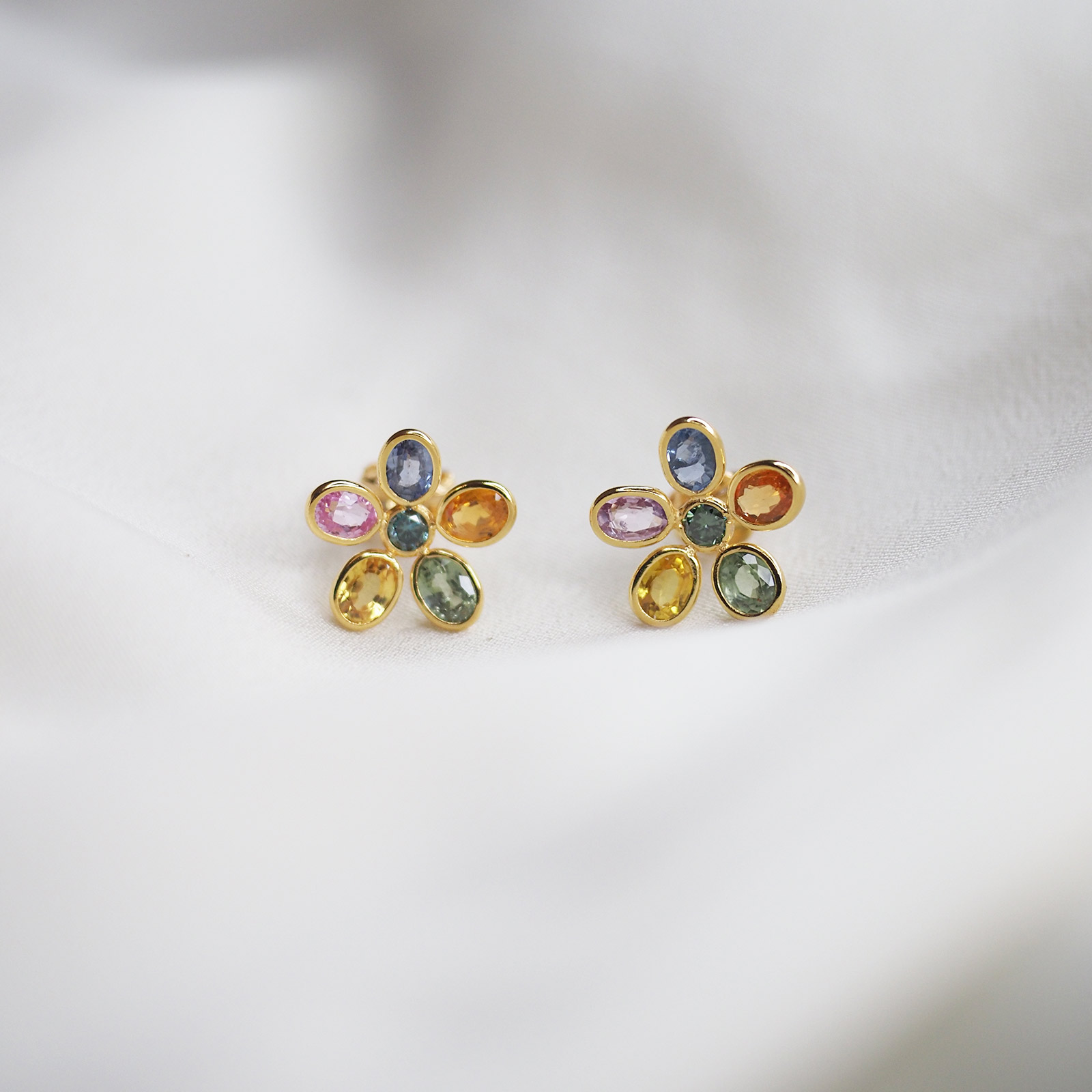 Multi - Sapphire & Green Diamond Magnolia Studs | 18KT Gold - Melt ...